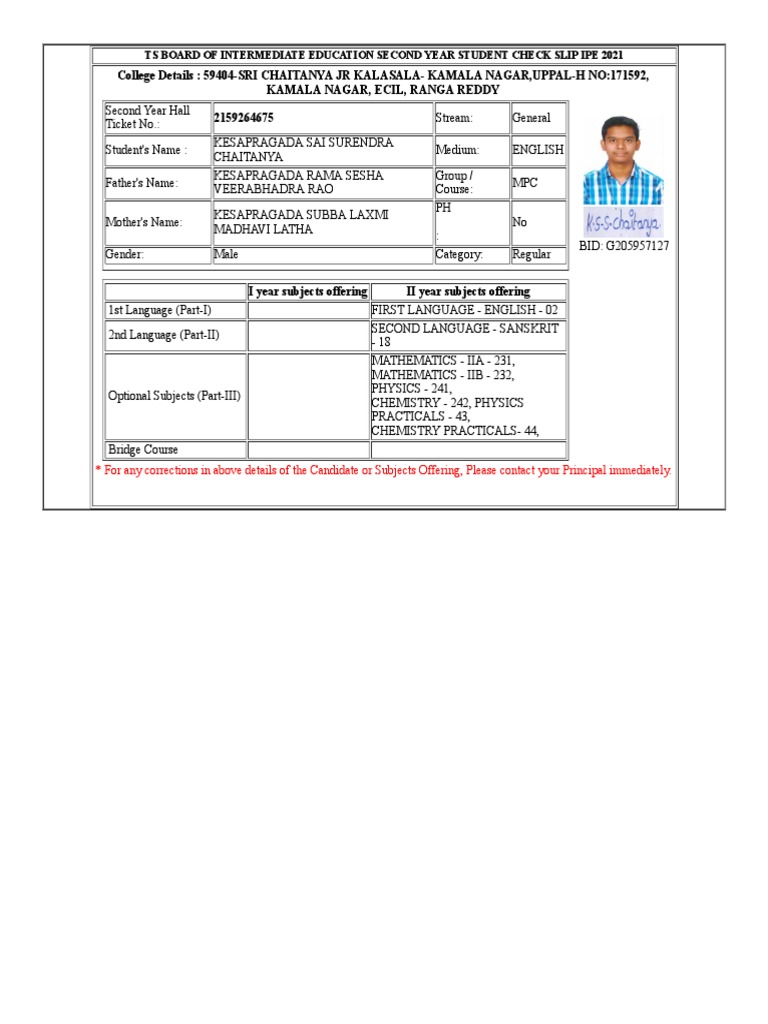 inter 2nd year hall ticket | PDF