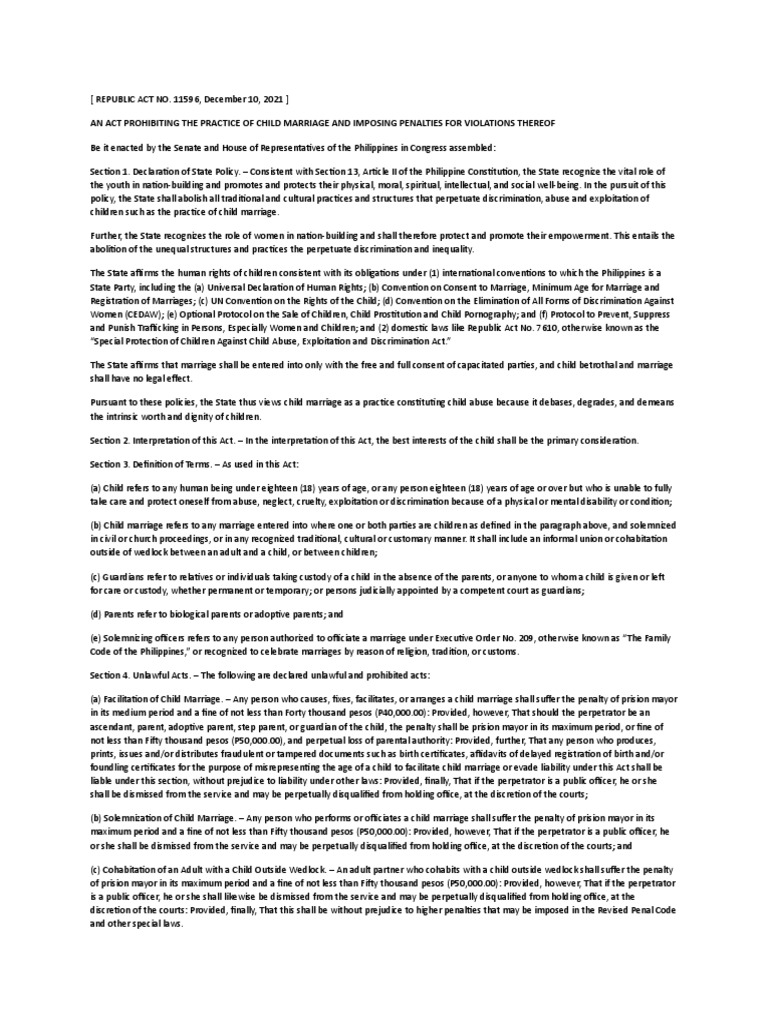 Republic Act No 11596 | PDF | Marriage | Child Marriage