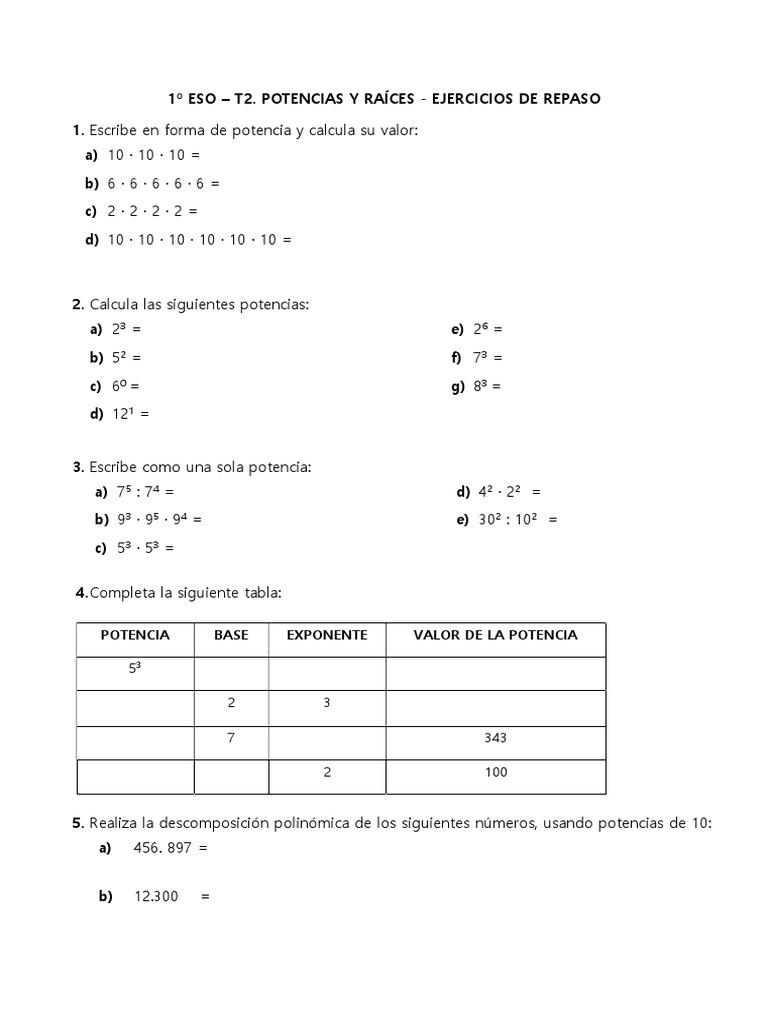 1ESO - POTENCIAS Y RAÍCES - Ejercicios Repaso | PDF | Ajedrez