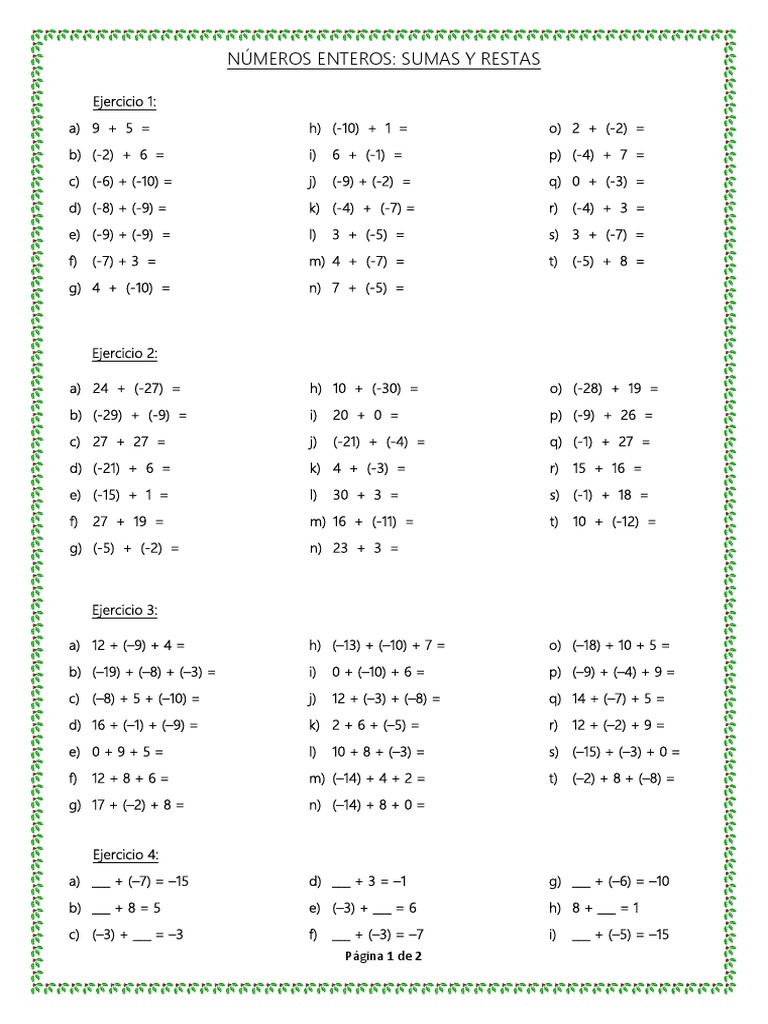 ENTEROS - Sumas y Restas | PDF