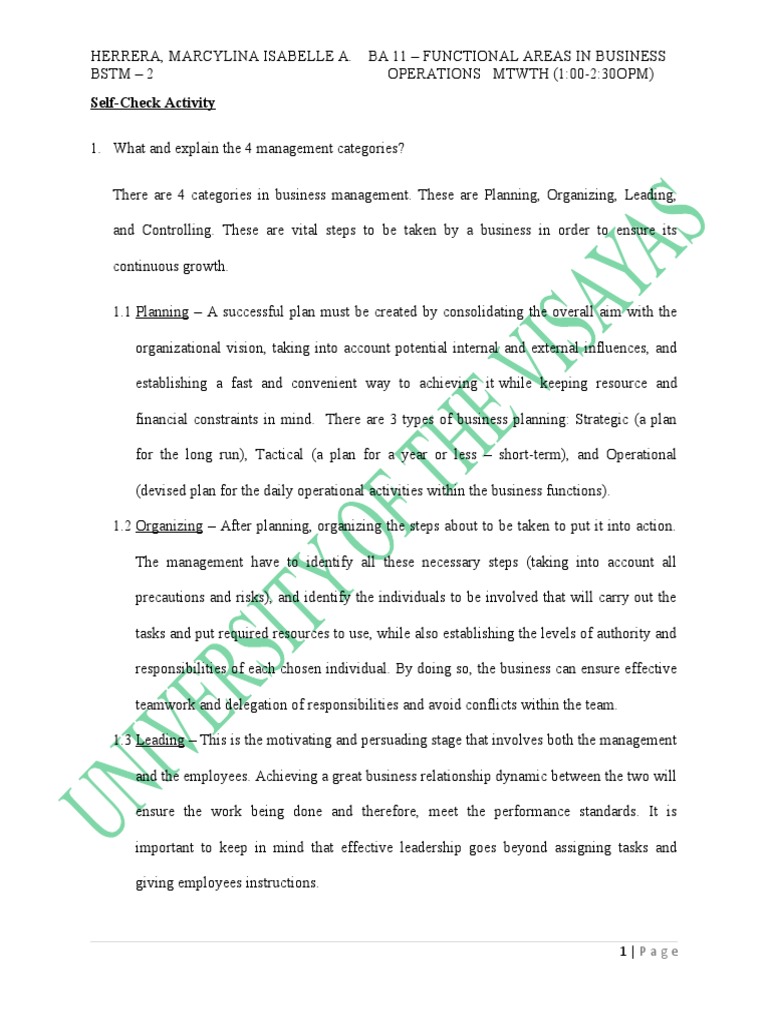 Self Check Activity (BA 11 WEEK 1 and 2) - HERRERA | PDF | Marketing ...