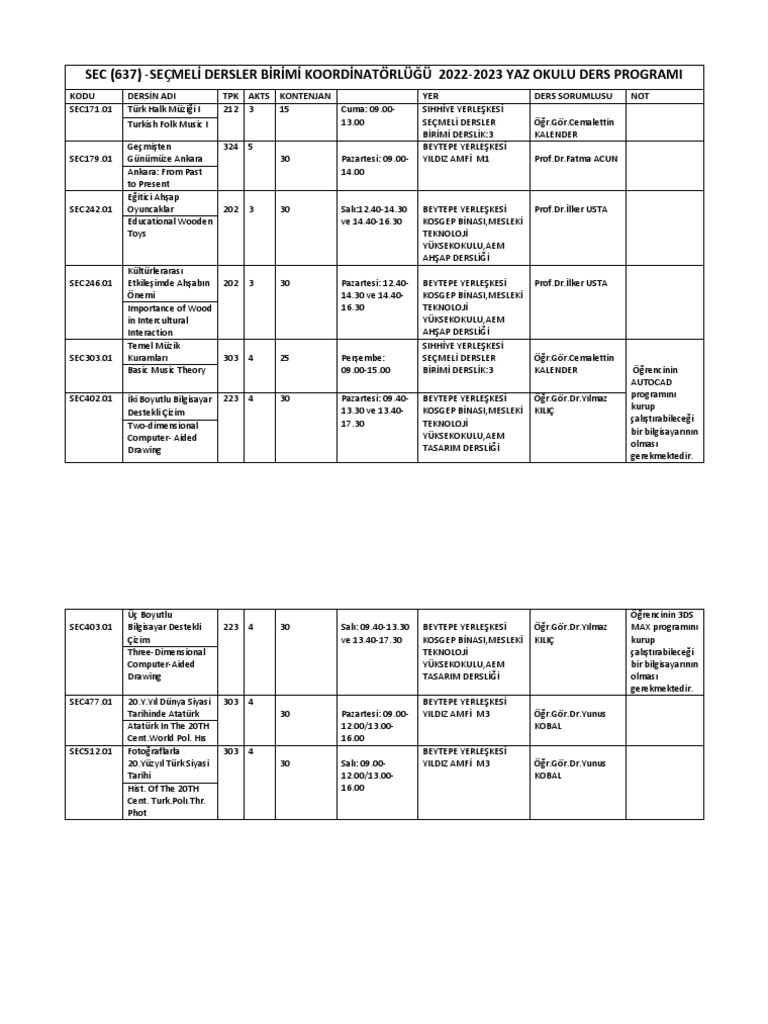 Yaz Okulu Ders Programi 2023 Web | PDF