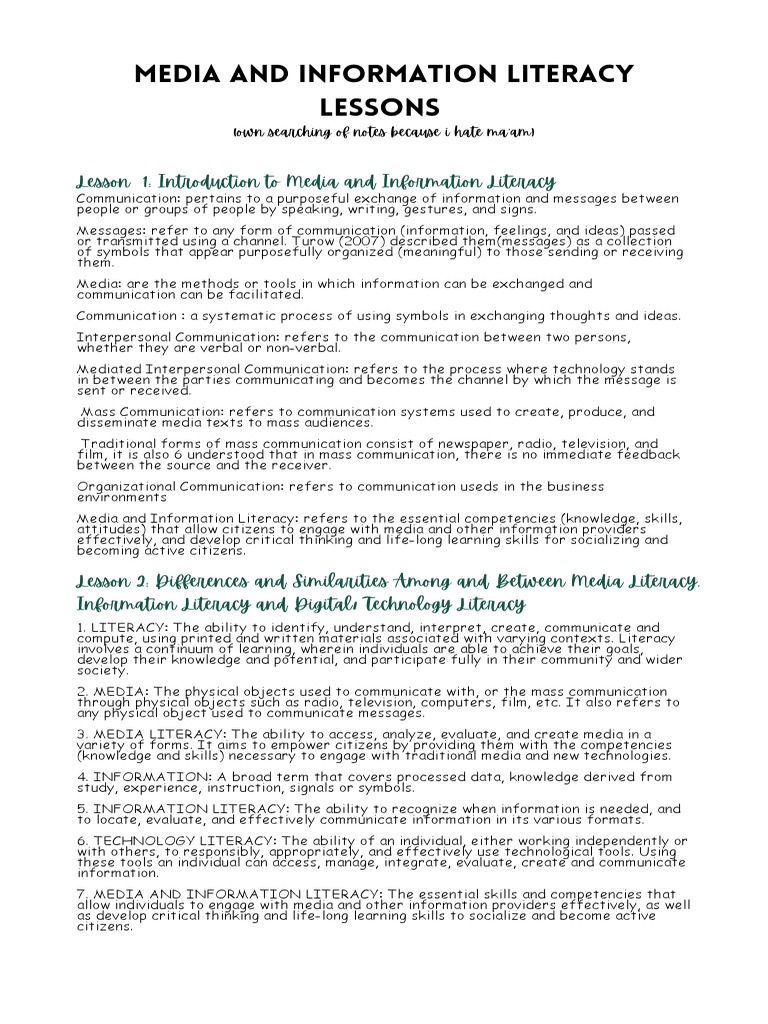 Media Information Literacy Notes | PDF | Communication | Mass Media