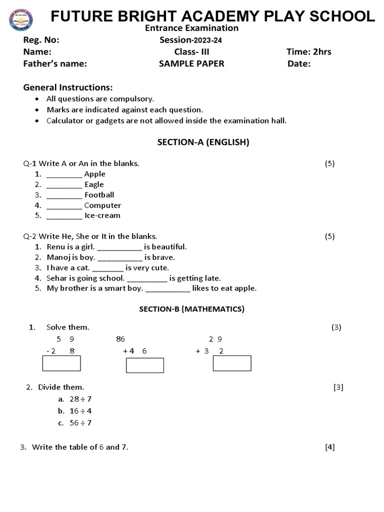 3 Entrance Sample Paper Class Iii (Three) (2021-22) | Download Free PDF ...
