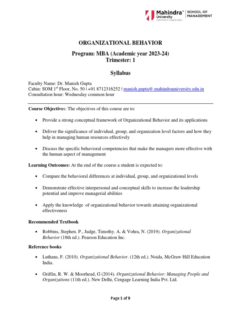 OB Course Outline | PDF | Leadership | Attitude (Psychology)