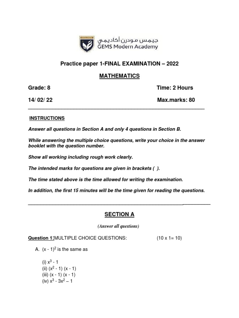 Grade 8 Mathematics Final Exam Paper | PDF