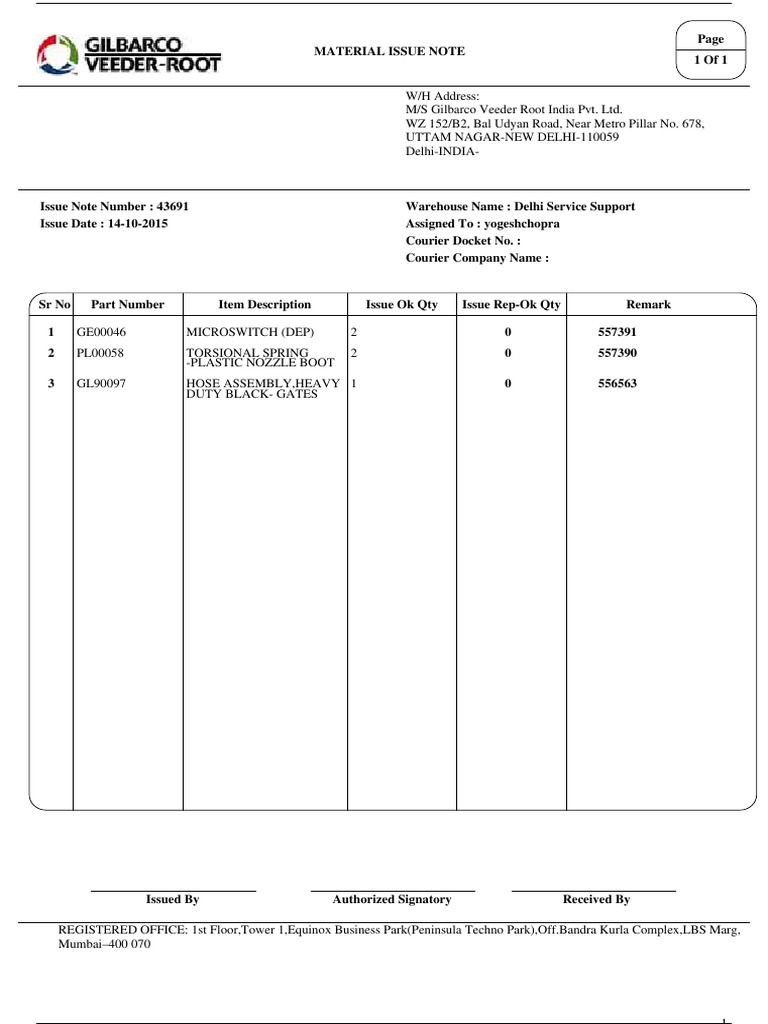 Material Issue Note 1 | PDF