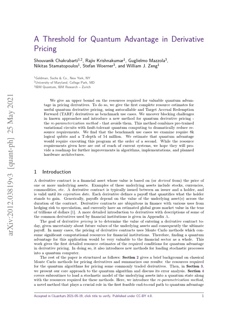 A Threshold For Quantum Advantage in Derivative | PDF | Quantum Computing | Monte Carlo Method