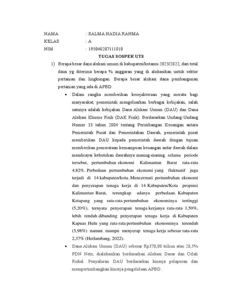 A - Salma Nadia Rahma - 195040207111010 - Tugas Uts Sosper | PDF