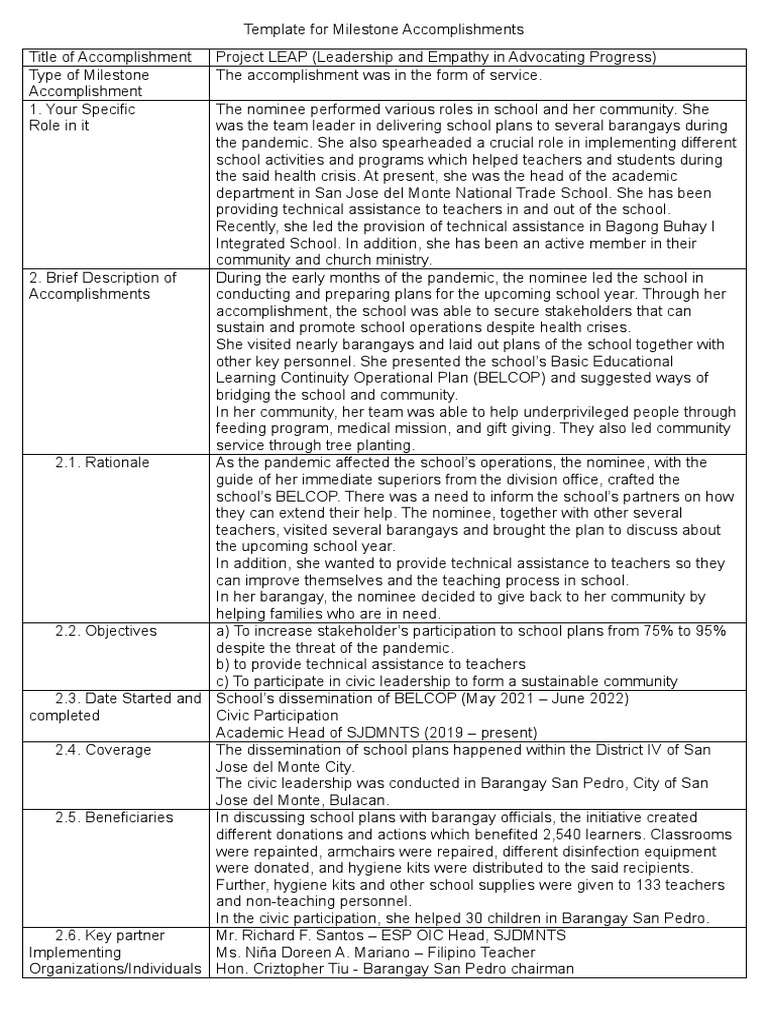 Milestone Accomplishments | PDF