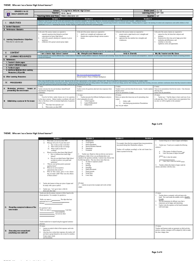 SHS DLL Week 1 | PDF | Learning | Teachers