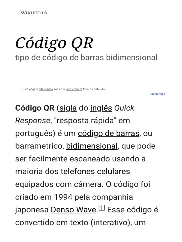 Código QR - Wikipédia, A Enciclopédia Livre | PDF | Código QR | Informática