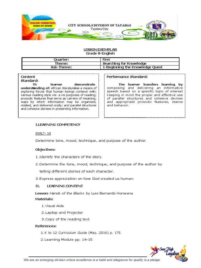 G8 English Lesson Exemplar 1st Quarter | PDF | Learning | Sentence (Linguistics)