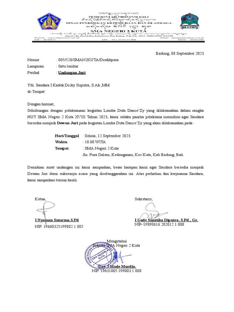 SURAT UNDANGAN JURI LOMBA DANCE I Kadek Dicky Suputra, S.Ak.,MM | PDF | Griya & Taman