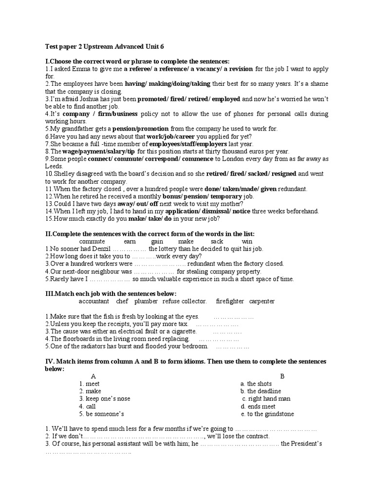 Test paper 2 Upstream Advanced Unit 6 | PDF