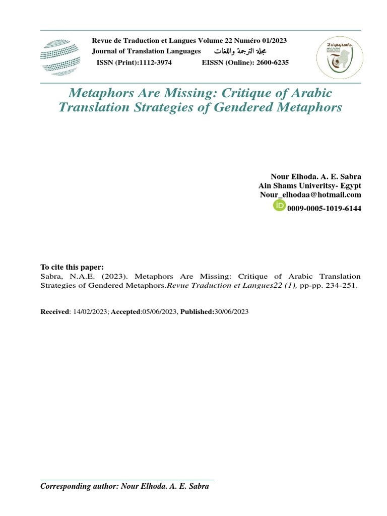 Metaphors Are Missing - Critique of Arabic Translation Strategies of ...