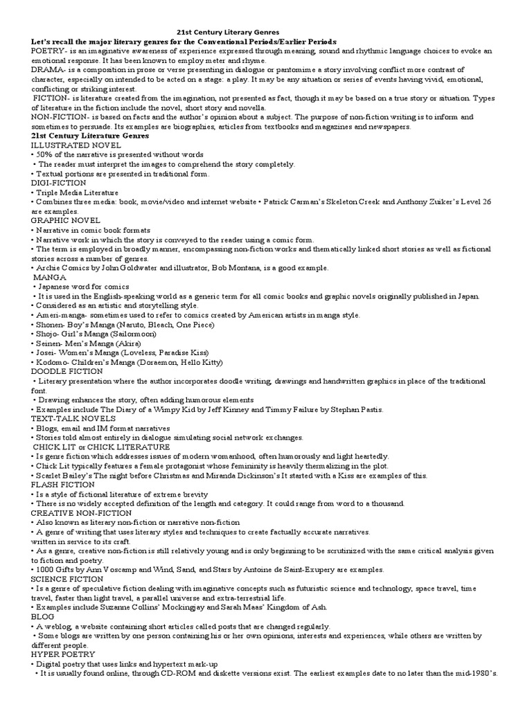 21st Century Literary Genres Guide | PDF | Narrative | Non Fiction