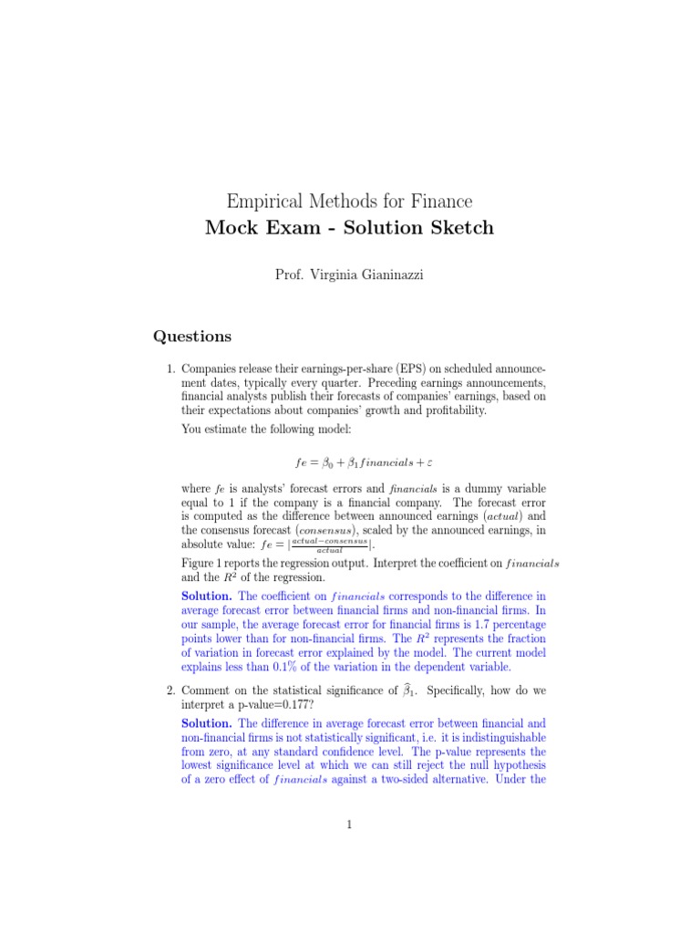 Mock Exam Solution Empirical Methods For Finance | PDF | Ordinary Least ...