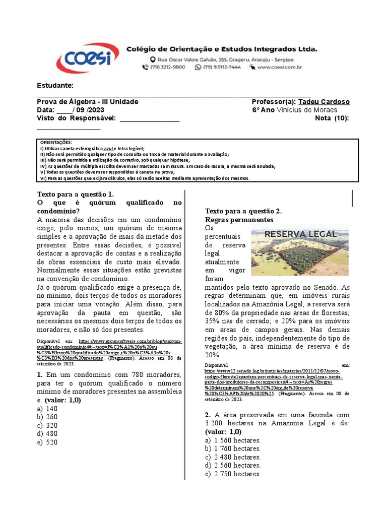 Corrigida Pu3 de Álgebra 6º Ano Tarde Tadeu | PDF