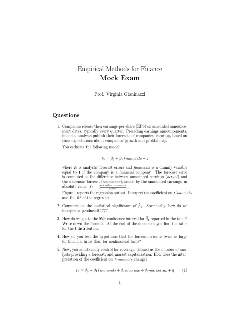 Mock Exam - Emprical Methods For Finance | PDF | Regression Analysis | Errors And Residuals