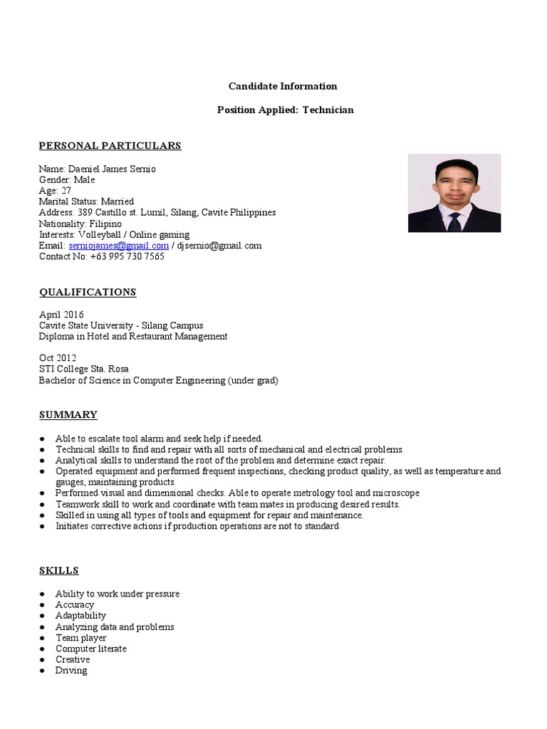 RESUME FORMAT Daeniel James Sernio | PDF | Inventory | Business
