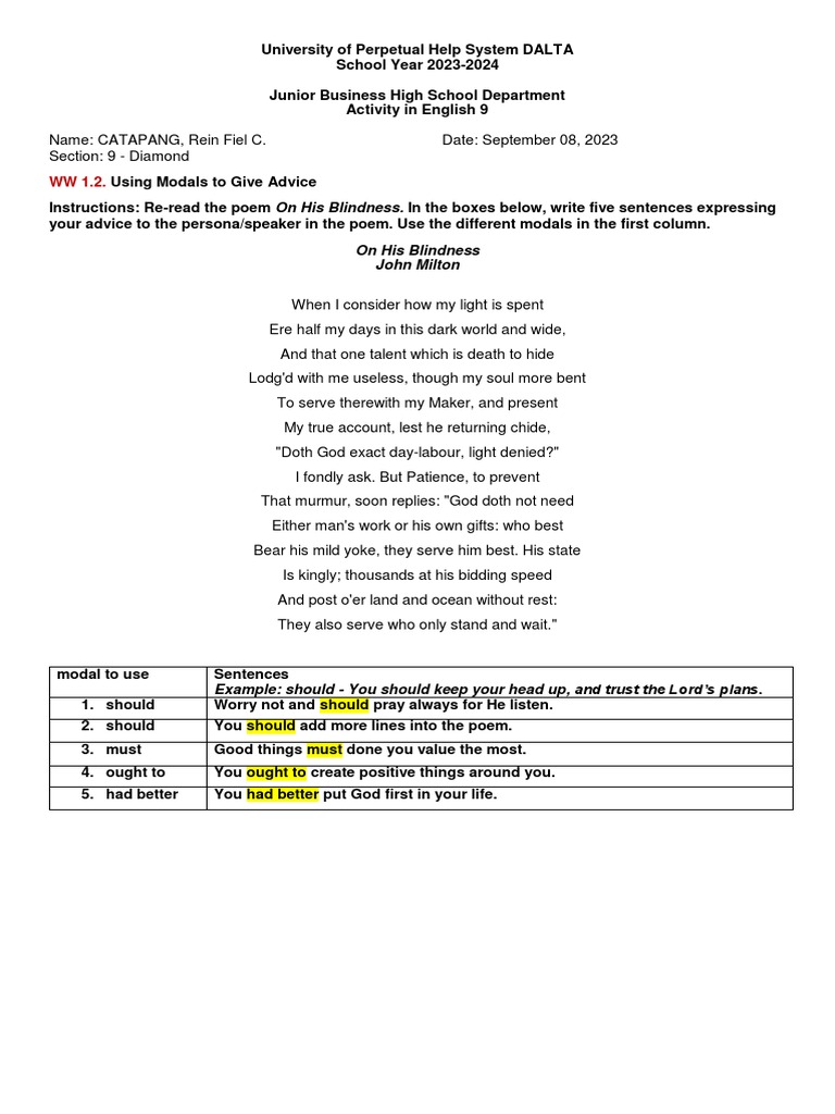 Modals Advice Activity for English 9 | PDF