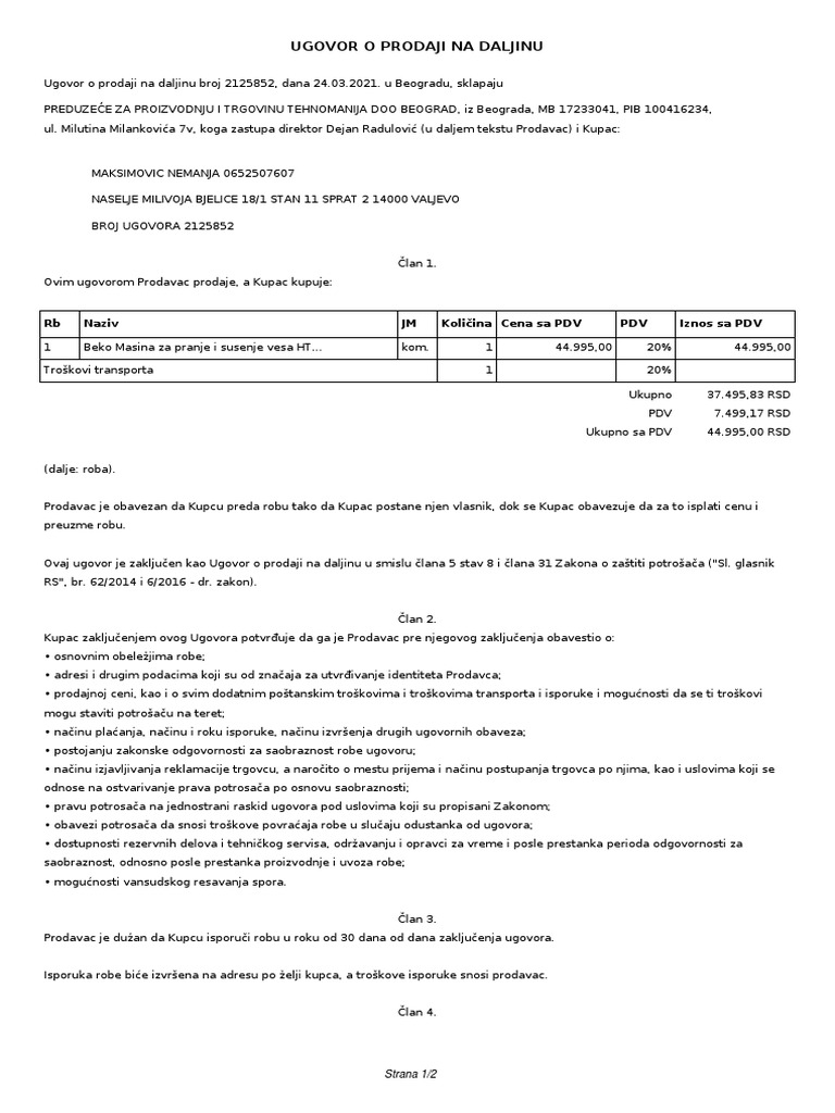 Ugovor O Prodaji Na Daljinu | PDF