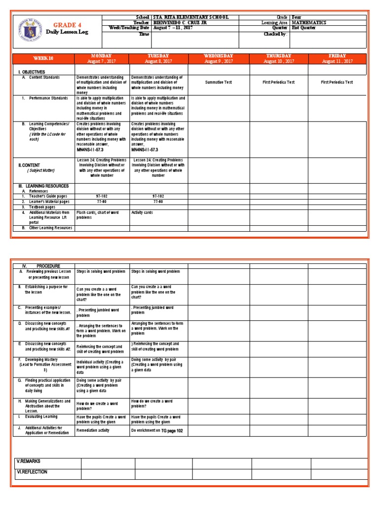 Grade 4 DLL Quarter 1 Week 10 | PDF | Cognitive Science | Learning