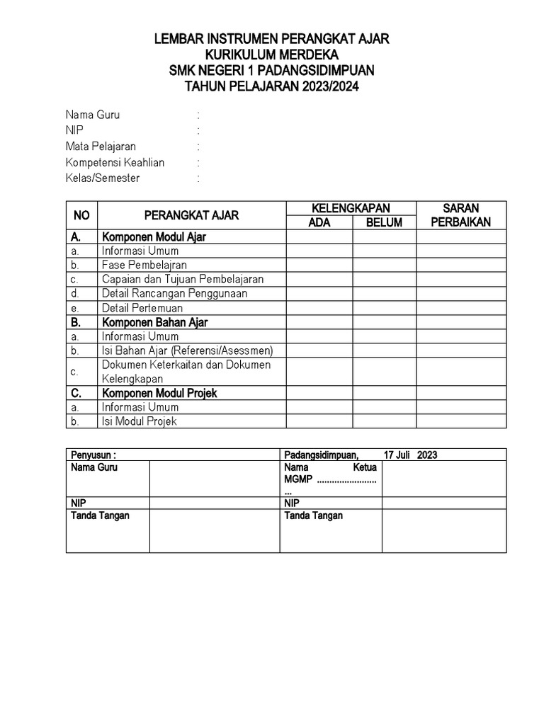Lembar Instrumen Perangkat Ajar 2023 | PDF