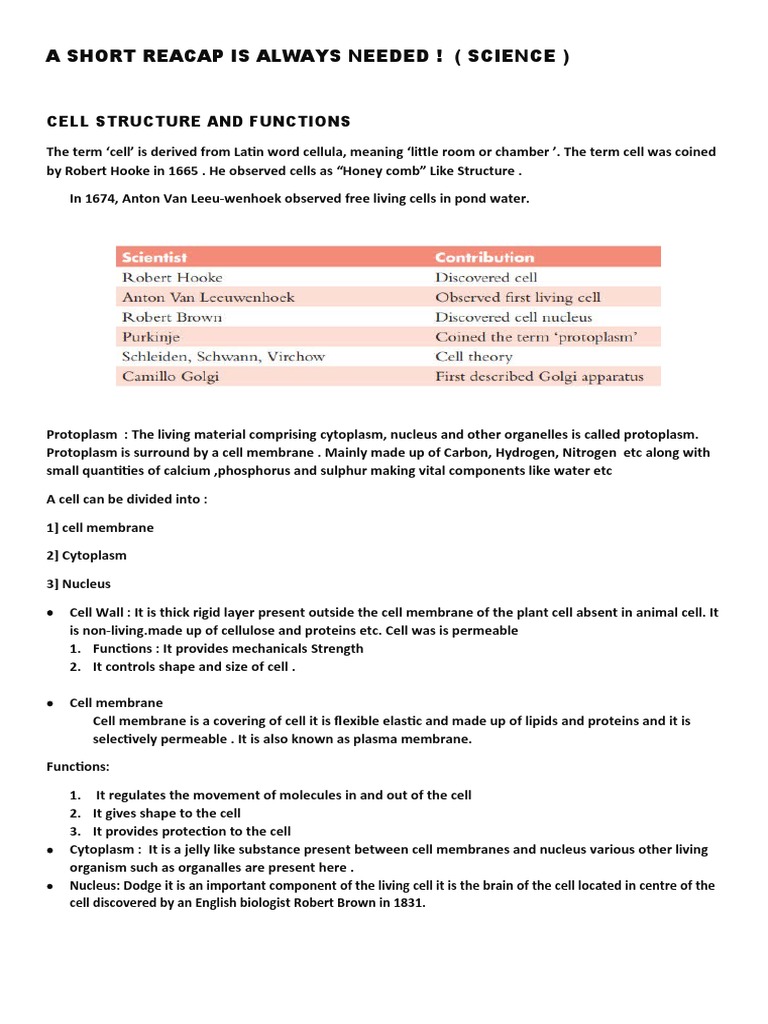 CELL STRUCTURE AND FUNCTIONS Recap | PDF | Force | Cell (Biology)