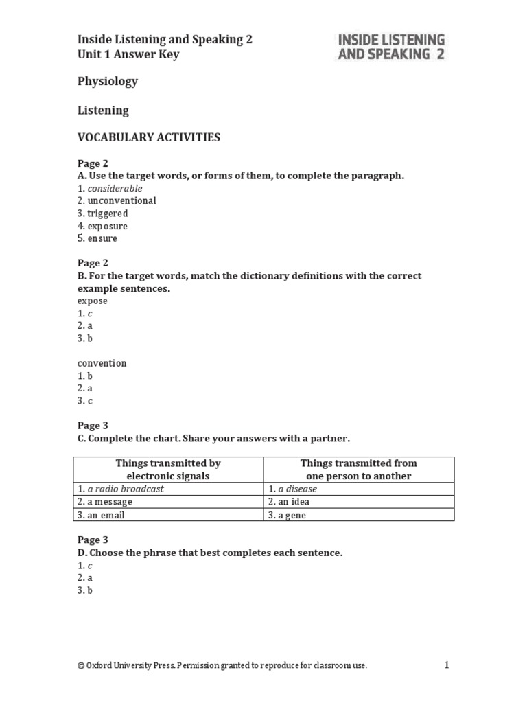 Inside Listening and Speaking 2 Unit 1 Answer Key Physiology Listening ...
