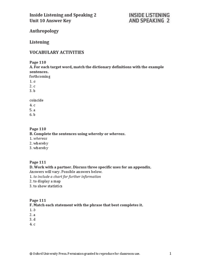 Inside Listening and Speaking 2 Unit 10 Answer Key Anthropology Listening Vocabulary Activities ...