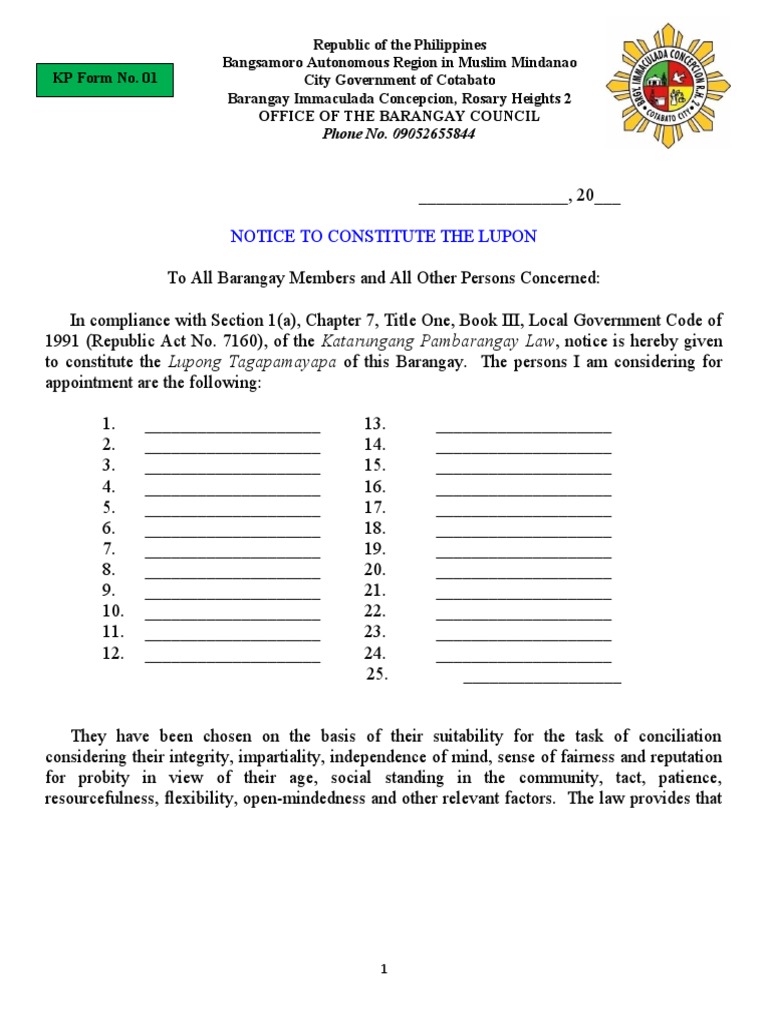 KP FORM 1 - Notice To Constitute The Lupon | PDF
