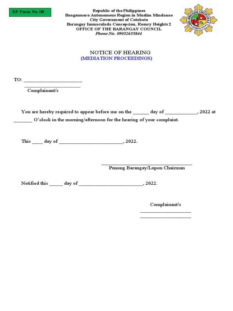 KP FORM 8- Notice of Hearing ( Mediation Pro.) | PDF