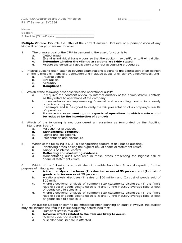 ACC 139 Assurance and Audit Principles - P1 1S SY2324 - Key Answer | PDF | Audit | Internal Control