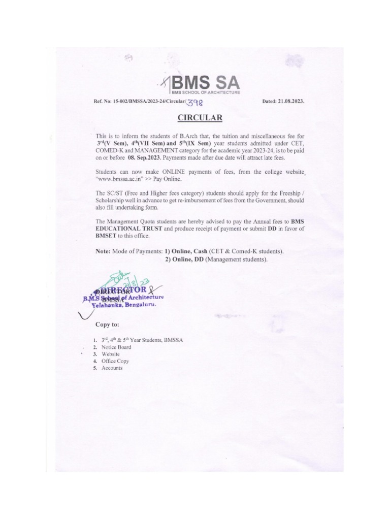 Bmssa - Fee Circular - Ay 2023-24 | PDF