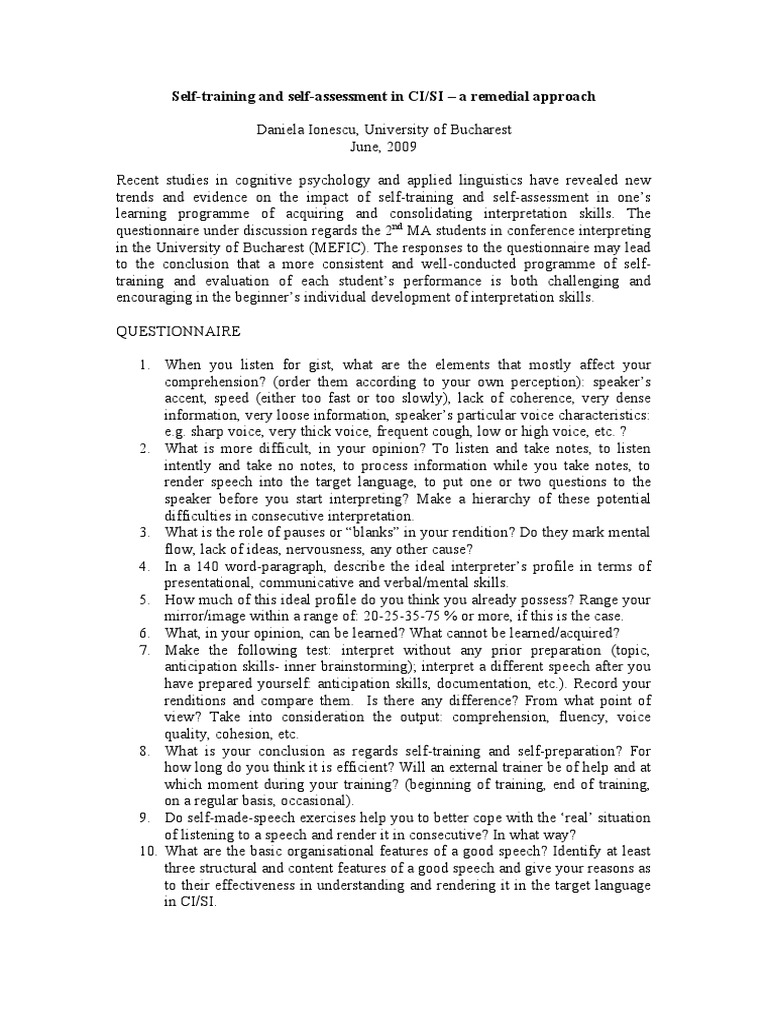 (Self) - Training and (Self) - Assessment in SI - A Remedial Approach ...