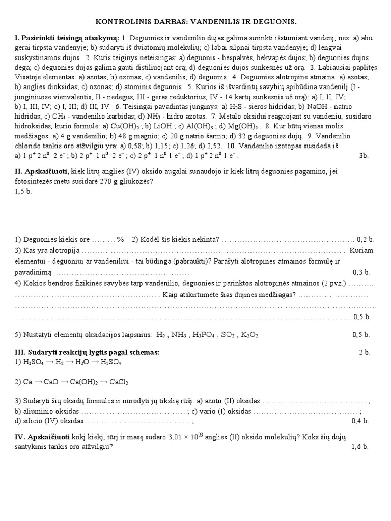 10 Kl. KONTROLINIS DARBAS - VANDENILIS IR DEGUONIS | PDF