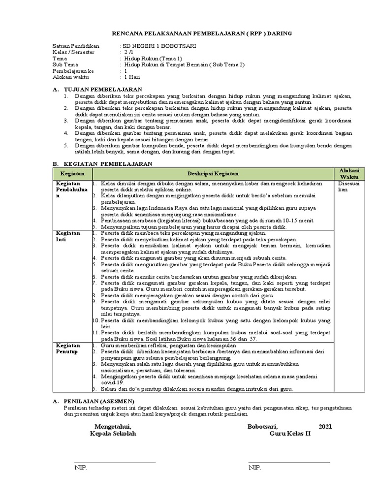 RPP Daring Kelas 2 Tema 1 ST 2 | PDF