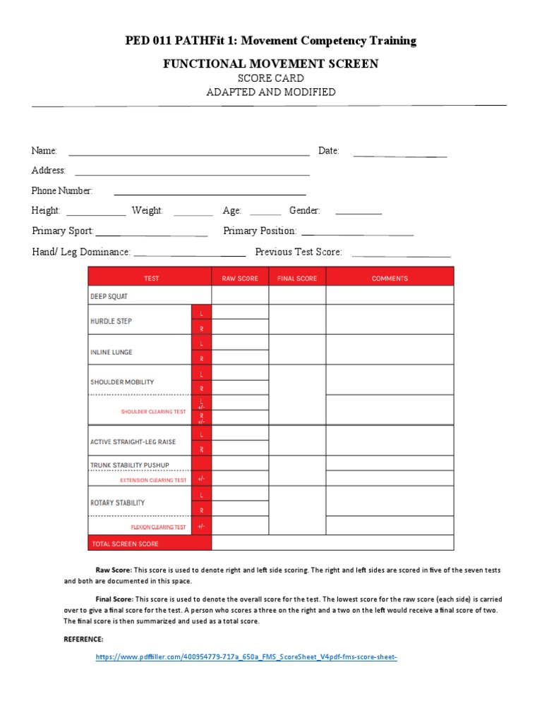 FMS Score Card for PATHFit Training | PDF