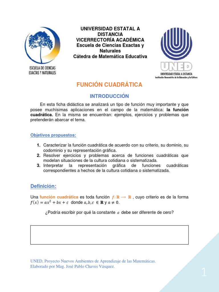 Ficha Didáctica Función Cuadrática | PDF