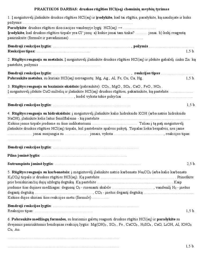 10 Kl. PRAKTIKOS DARBAS - Druskos Rūgšties HCL (Aq) Cheminių Savybių Tyrimas | PDF