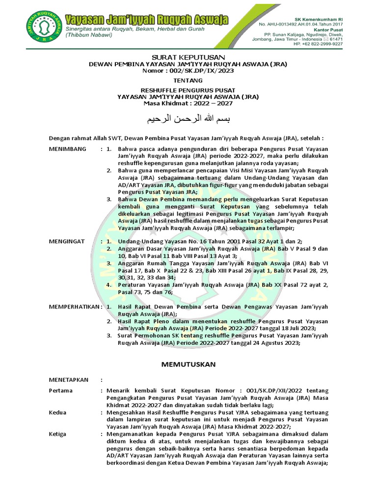 Perbaikan SK Pembina KPD PP Yjra Reshuffle | PDF