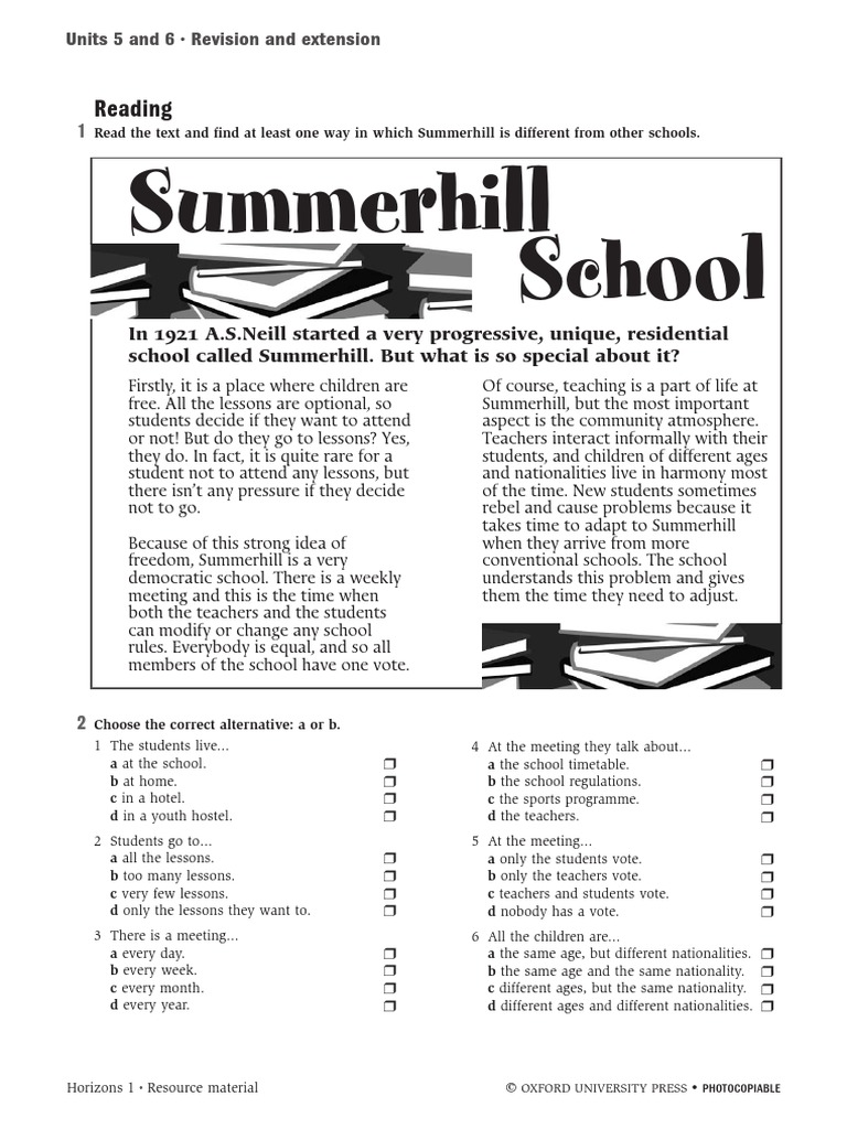 Reading - Summerhill School + Writing About Your School Experience (Present Simple) | PDF ...
