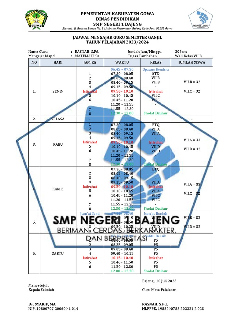 Jadwal Mengajar Guru Matematika 2023 | PDF