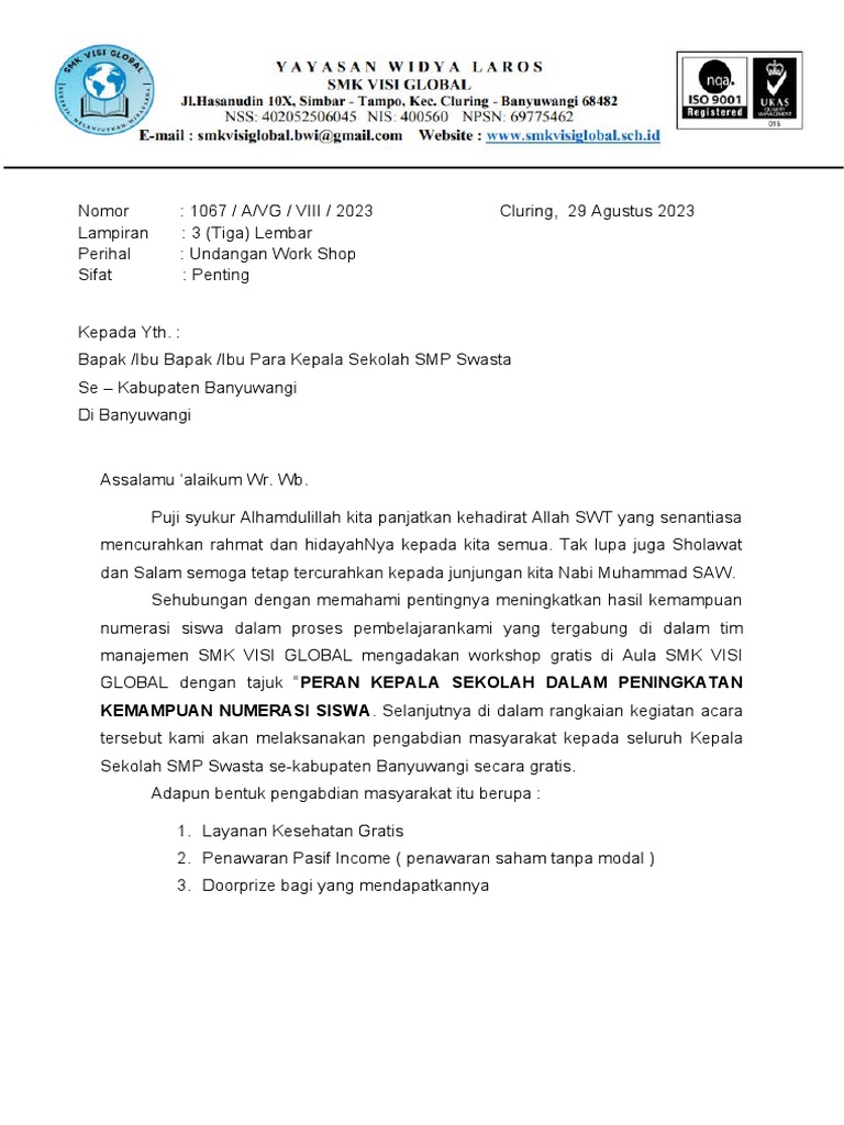 Surat Pengajuan Kegiatan Workshop SMK Visi Global | PDF