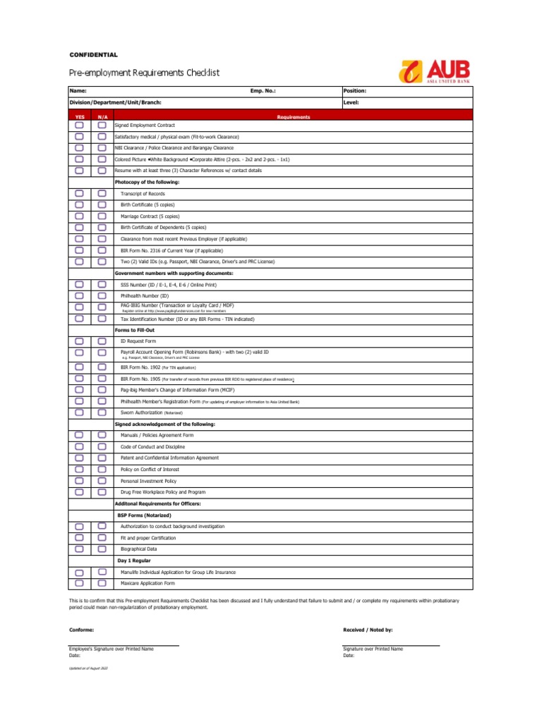 For Printing - AUB Pre-Employment Requirements | PDF | Banks | Identity Document