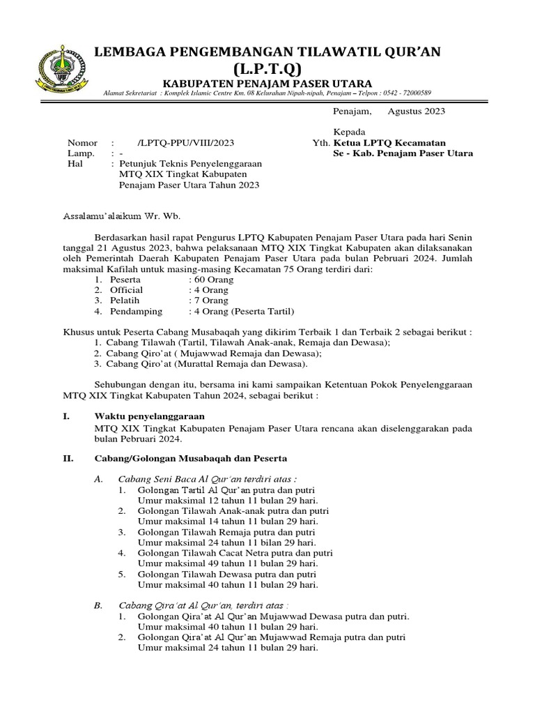 Juknis MTQ Kabupaten 2023 | PDF