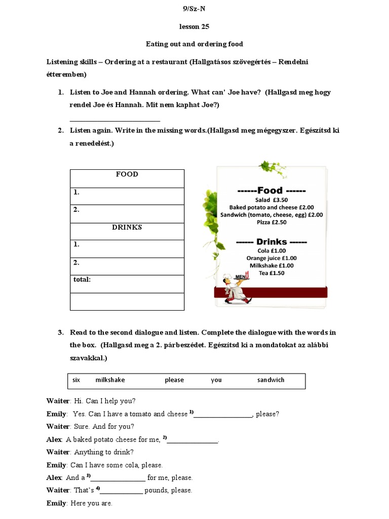 Ordering at A Restaurant Exercise | PDF