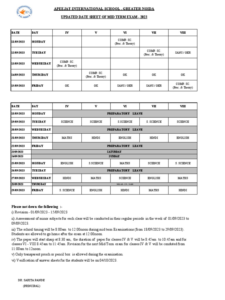 ApeeJay School Mid Term Exam Schedule 2023 | PDF